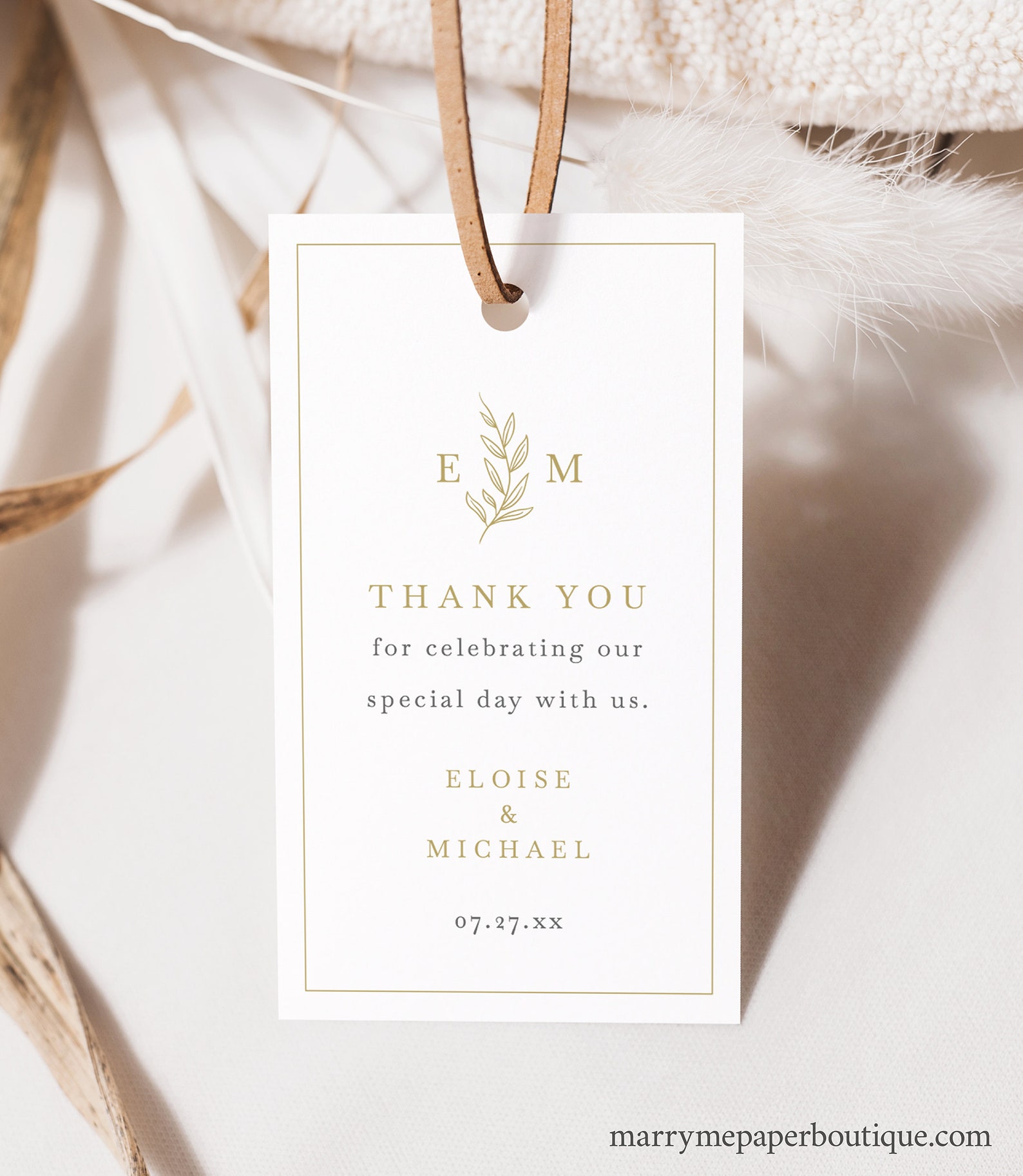 Wedding Favor Tag Template, Leaf Monogram Gold, Editable, Gold Favor ...