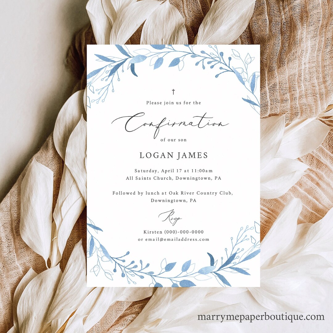 Confirmation Invitation Template, Light Blue Foliage, Editable, Blue ...