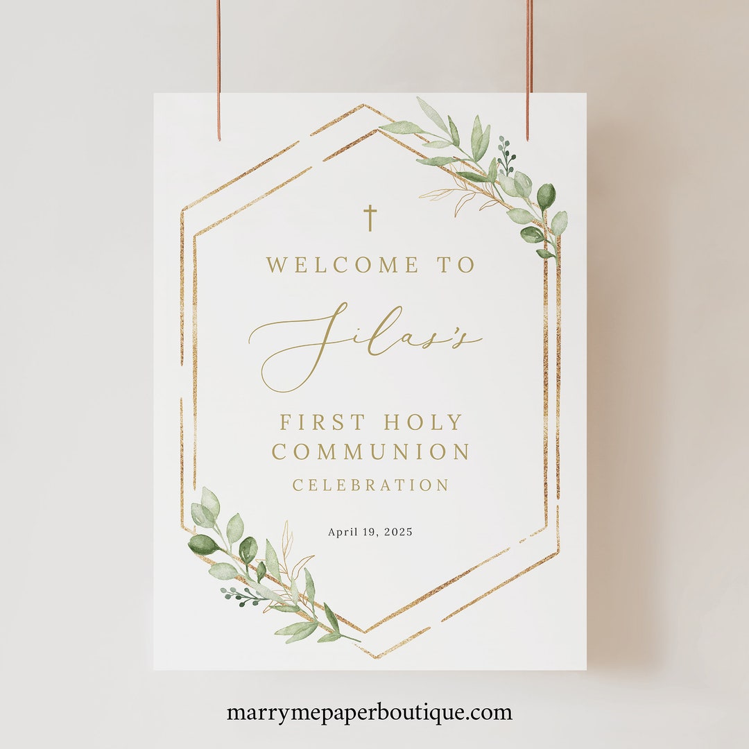 First Communion Welcome Sign Template, Greenery Hexagonal, Editable ...