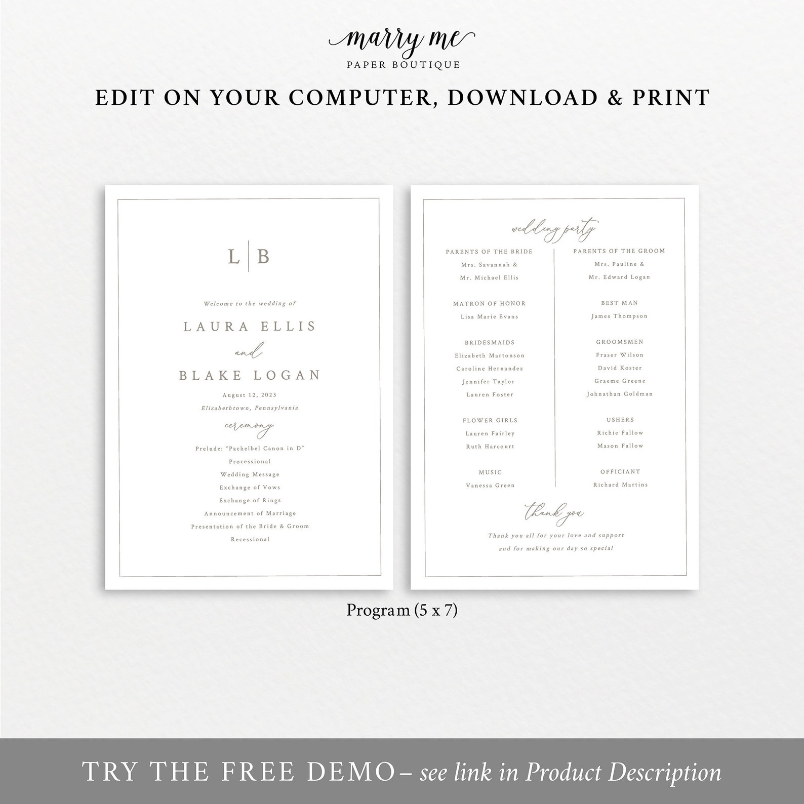 Wedding Program Template, Monogram & Border, Elegant Wedding Ceremony ...