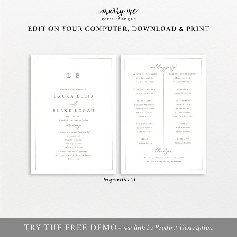 Wedding Program Template Monogram & Border Elegant Wedding | Etsy