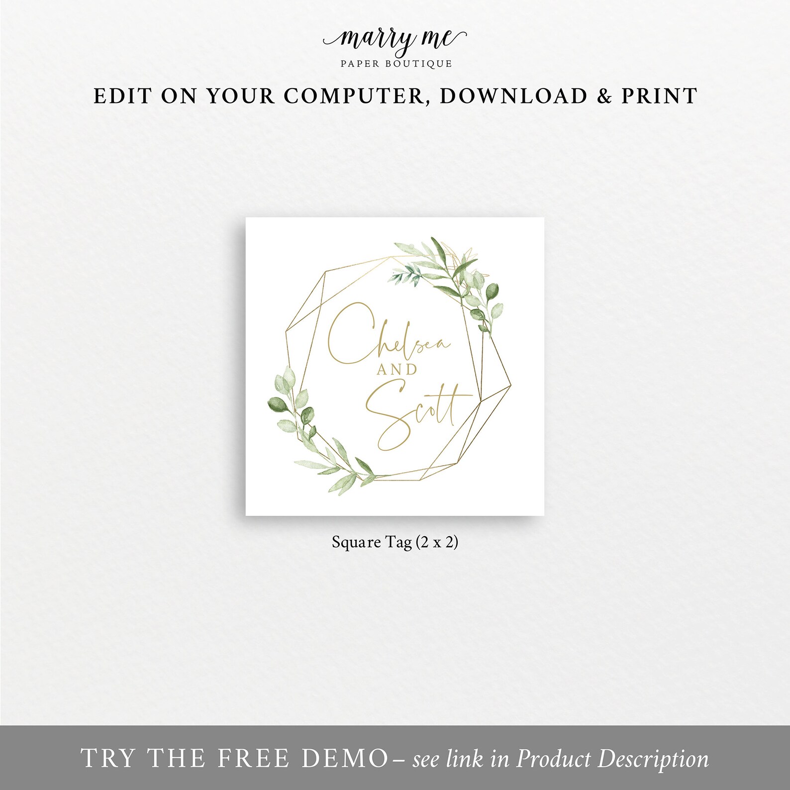 Square Tag Template Greenery & Gold Editable Printable - Etsy