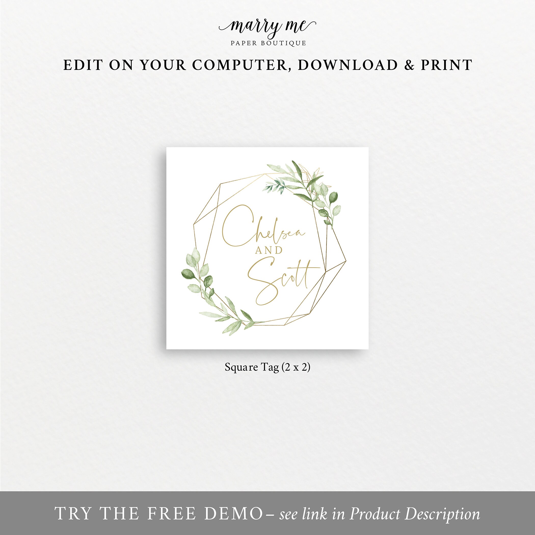 Square Tag Template Greenery & Gold Editable Printable - Etsy