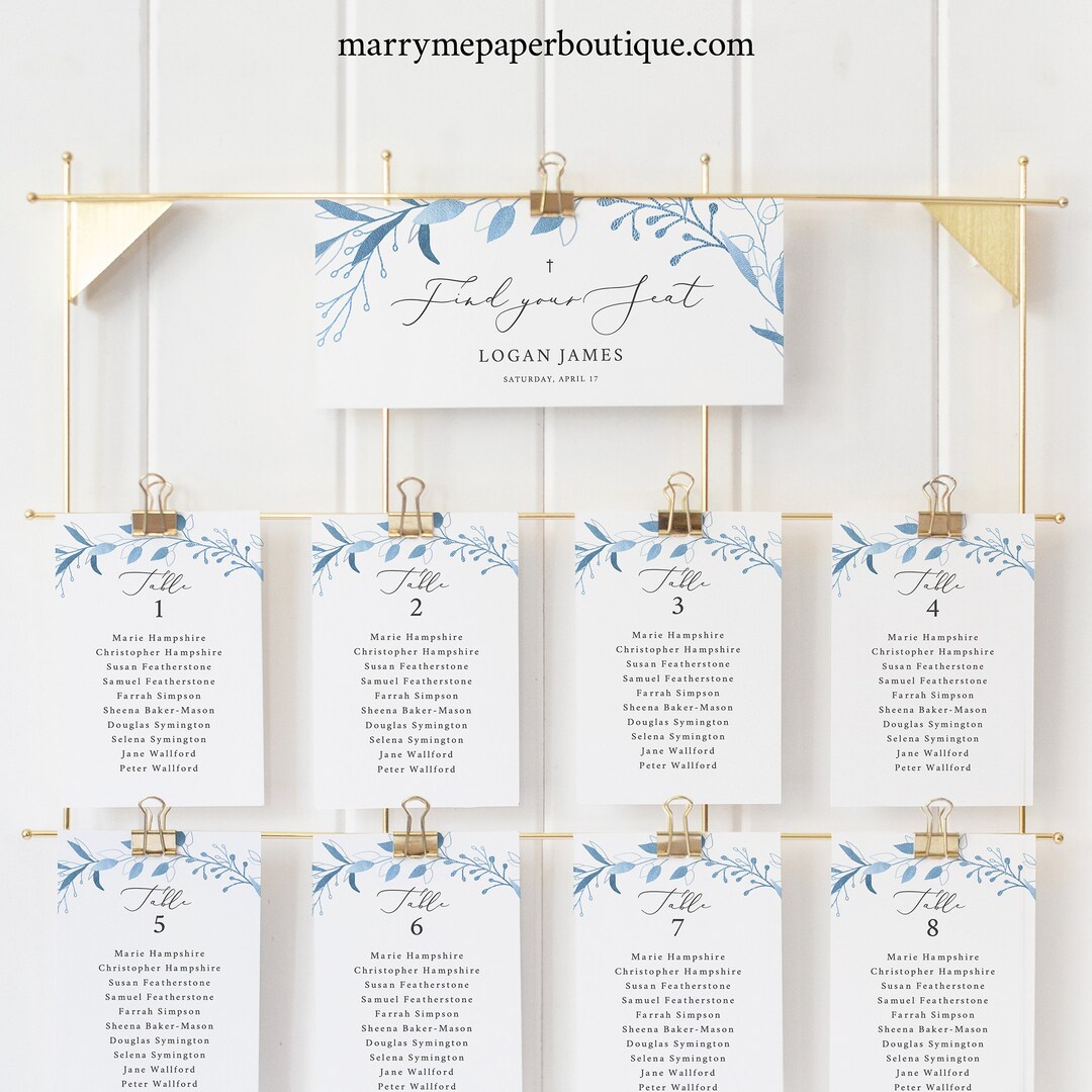 Seating Chart Template, Blue Foliage Cards, Try Before Purchase ...