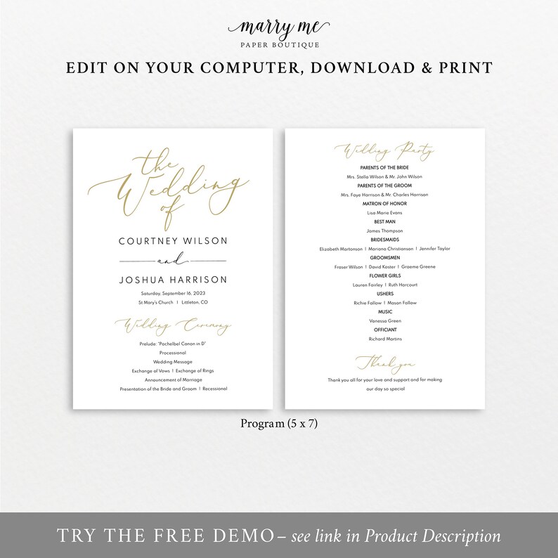 Wedding Ceremony Program Template Elegant Gold Script - Etsy