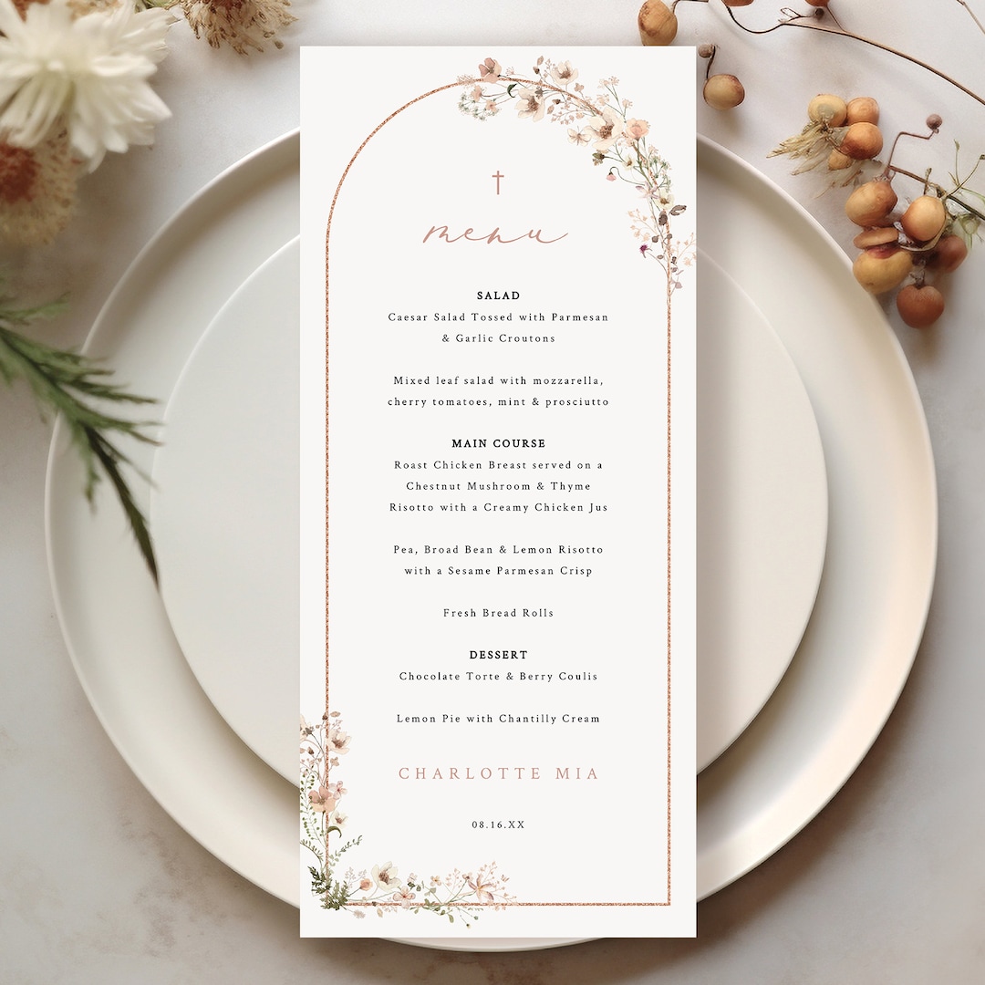 Baptism Menu Template, Rustic Pink Flowers Arch, Editable, Baptism ...