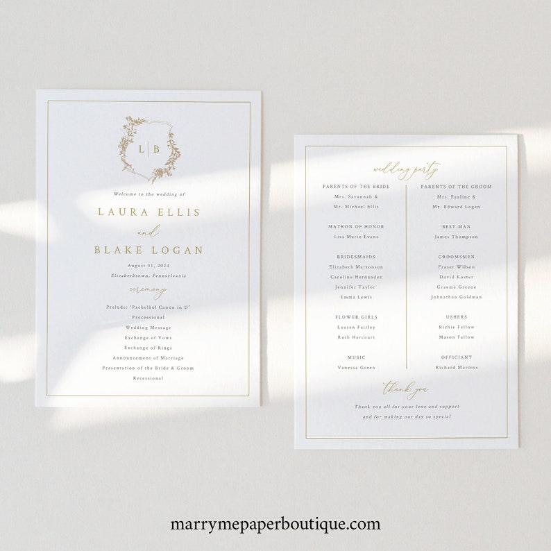Wedding Program Template Gold Wedding Crest & Monogram - Etsy