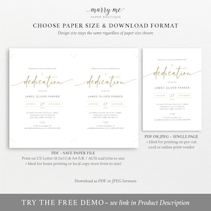 Dedication Invitation Template, Gold Modern Script, Printable, Editable ...