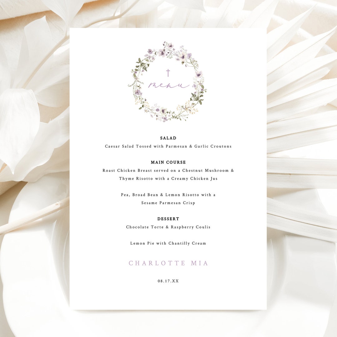 Baptism Menu Template, Rustic Lavender Flowers, 5x7, Editable Baptism ...