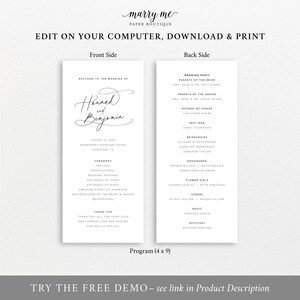 Wedding Program Template, Pretty Calligraphy, Editable, Wedding ...