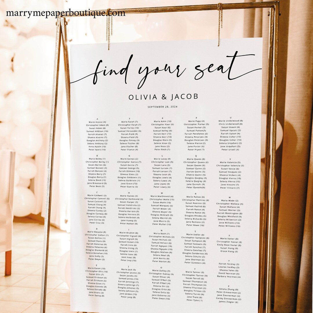 Alphabetical Seating Chart Template, Modern Calligraphy, Wedding ...
