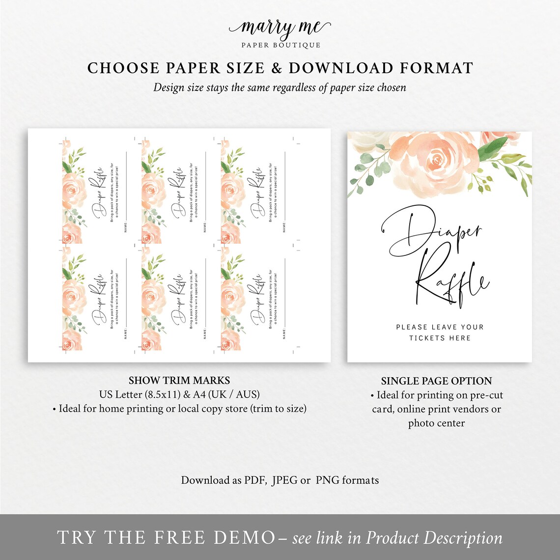 Diaper Raffle Sign & Ticket Templates Peach Floral Try - Etsy