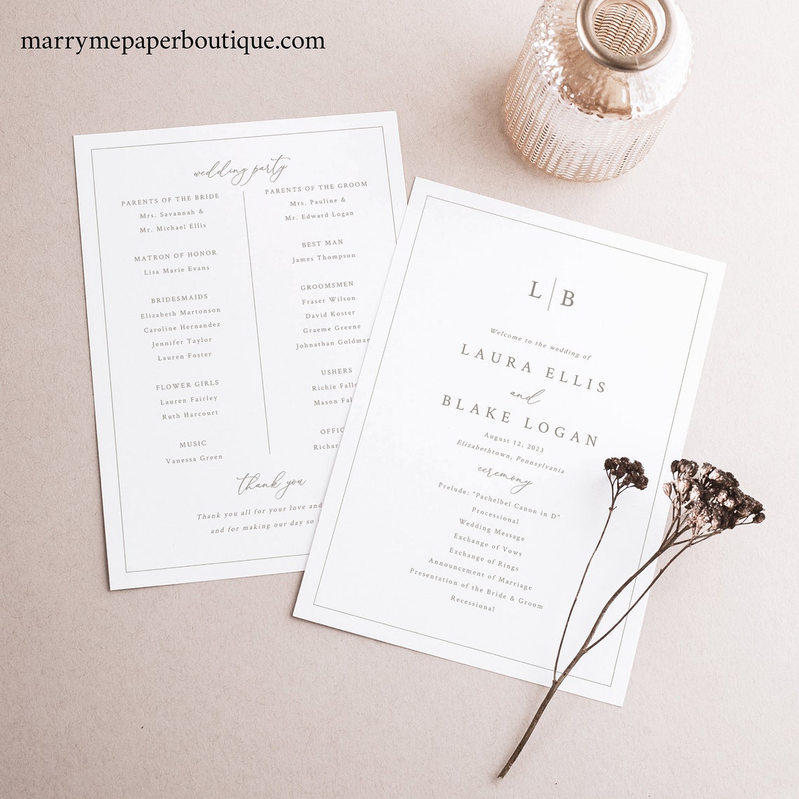 Wedding Program Template Monogram & Border Elegant Wedding | Etsy