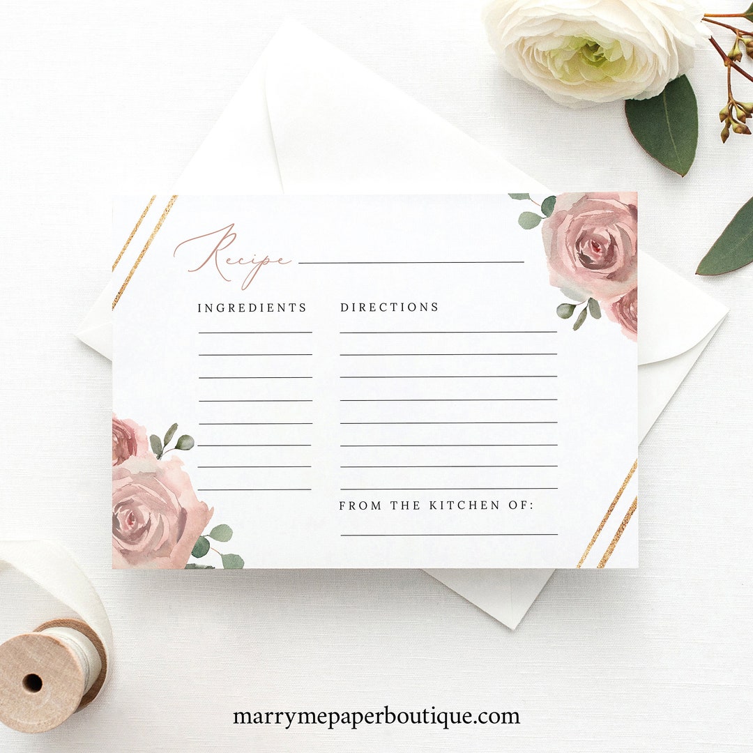 Recipe Card Template, Dusky Pink Floral, Recipe Card Printable ...