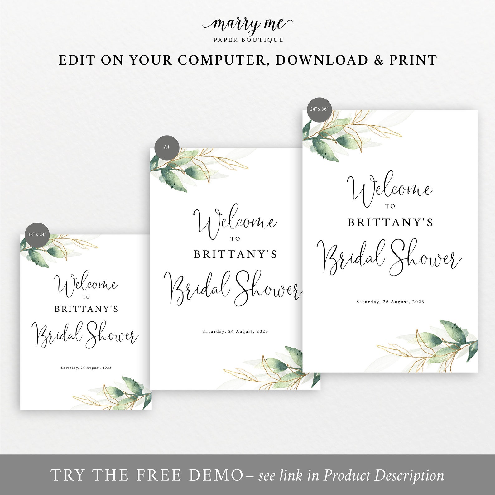 Bridal Shower Welcome Sign Template Greenery Gold Bridal Etsy