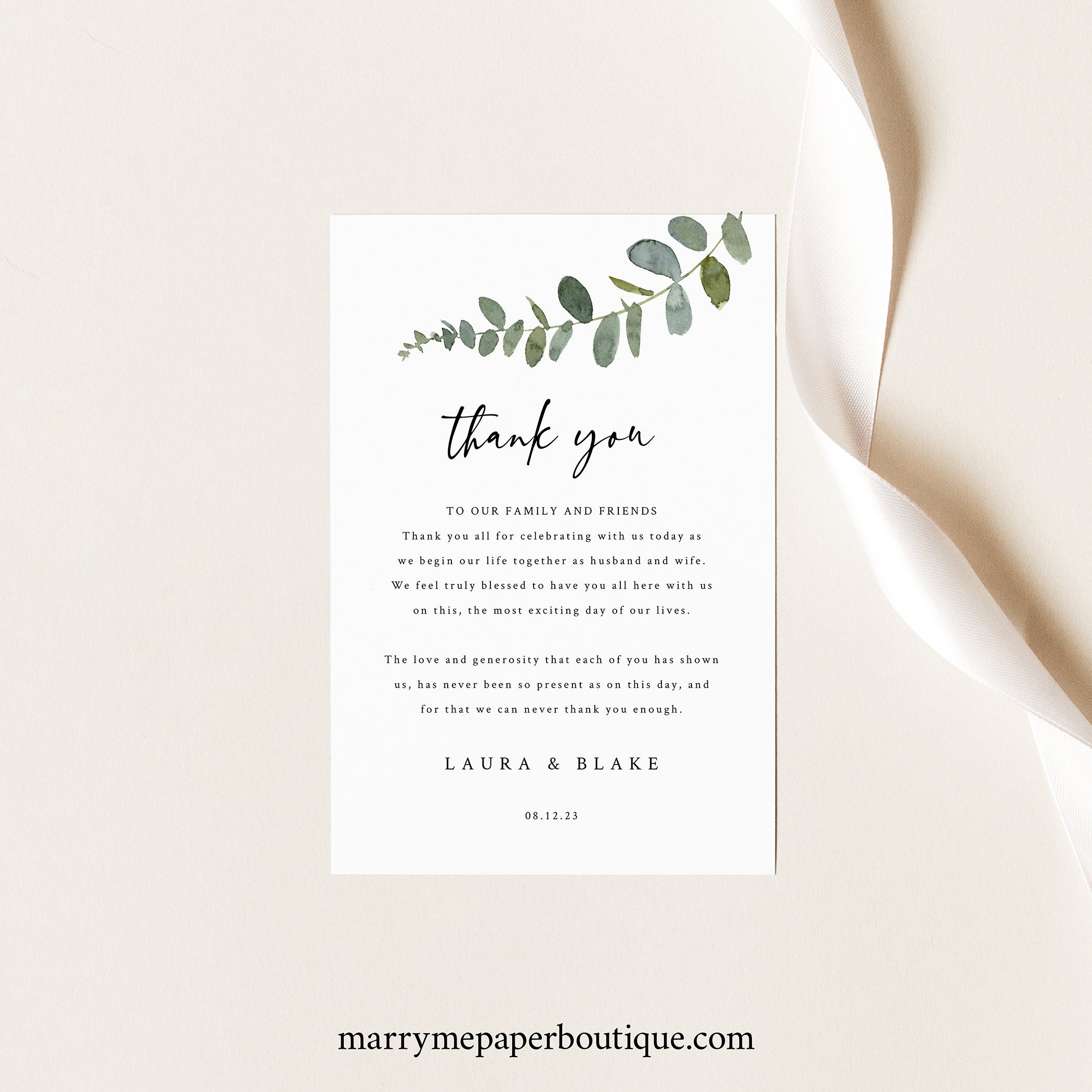 Eucalyptus Thank You Letter Template Greenery Wedding - Etsy UK
