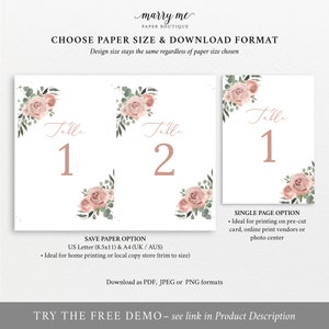 Table Number Template, Dusky Pink Floral, Editable Wedding Table Number ...