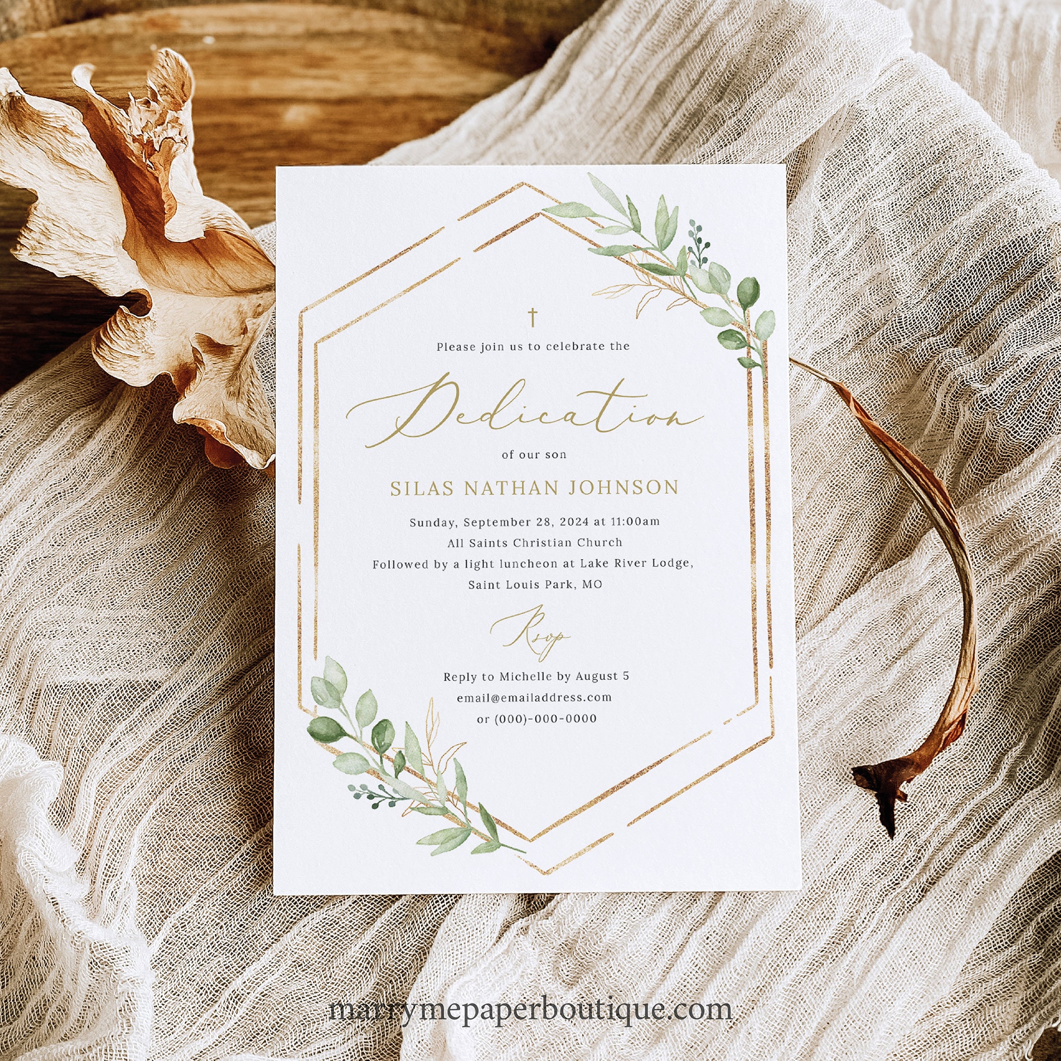 Dedication Invitation Template, Greenery Hexagonal, Greenery Dedication ...