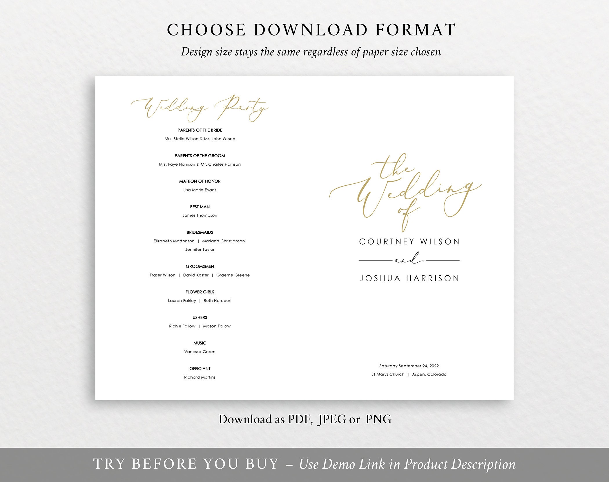 Wedding Program Template Elegant Gold Script Demo Available | Etsy