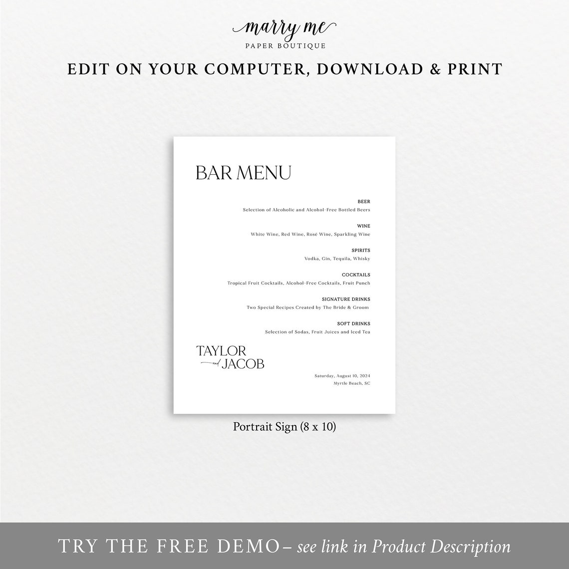Wedding Bar Menu Template Modern & Classic Editable Drinks - Etsy