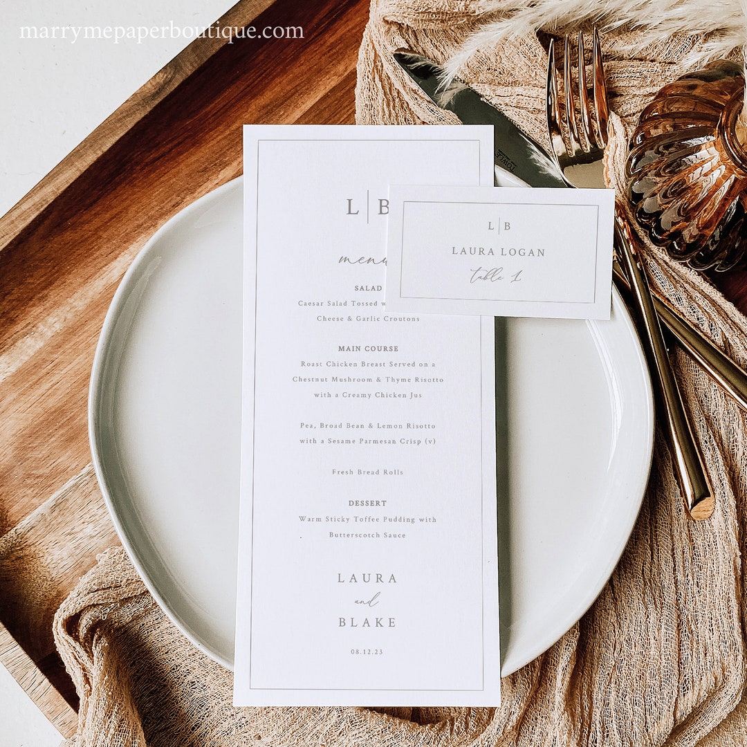 Wedding Menu and Name Card Template, Monogram & Border, Editable Table ...