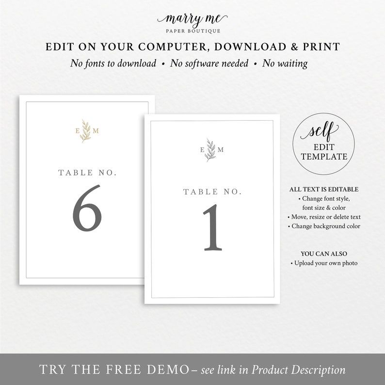 Table Number Sign Template Leaf Monogram Border Wedding - Etsy