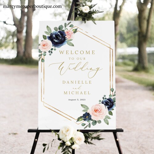 Wedding Welcome Sign Template Navy & Blush Floral Welcome to | Etsy