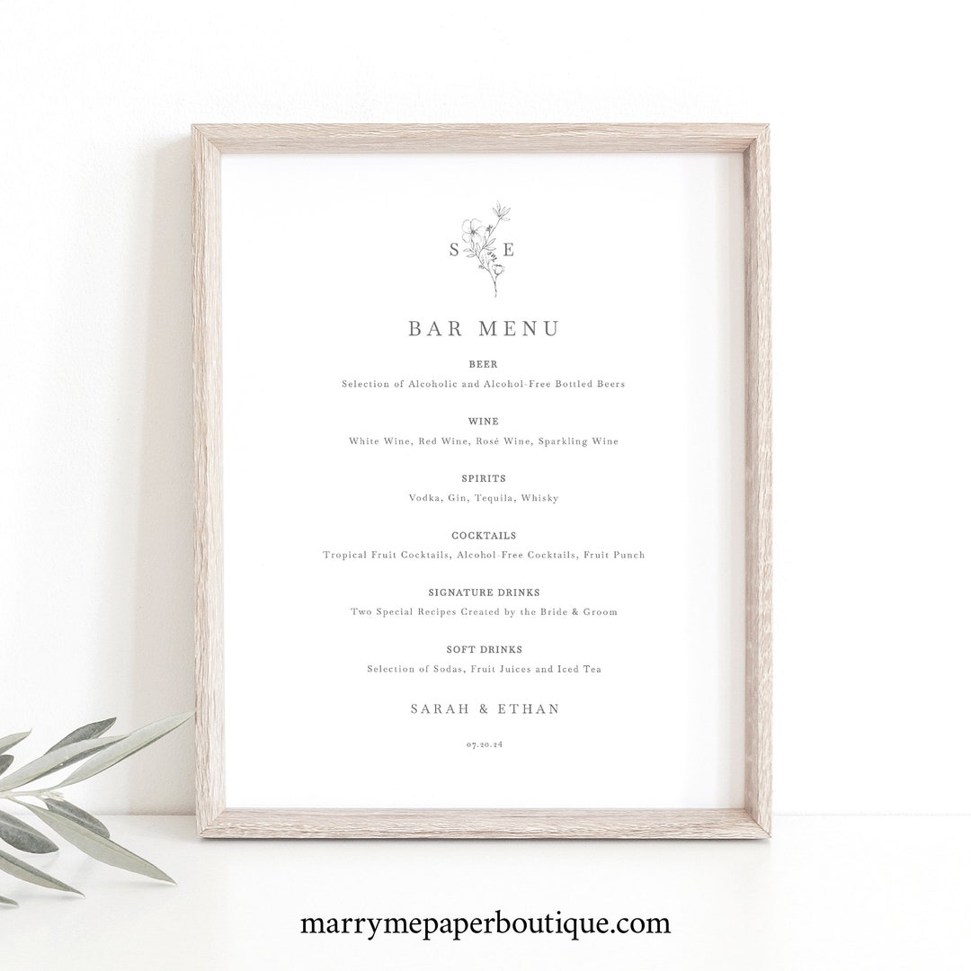 Wedding Bar Menu Template, Floral Wedding Monogram, Editable Bar Menu ...