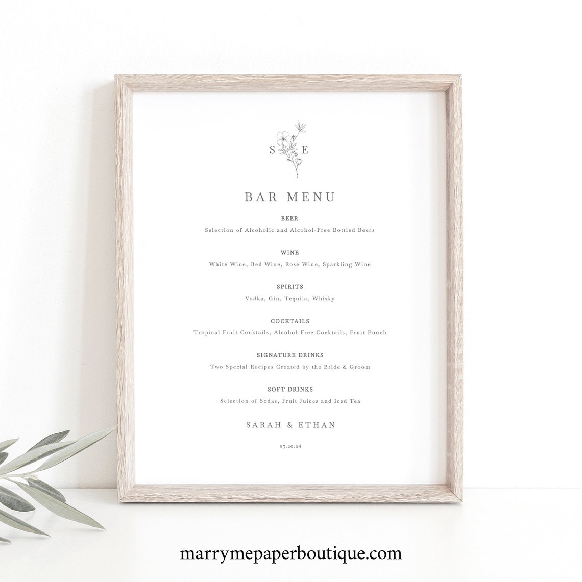 Wedding Bar Menu Template Floral Wedding Monogram Editable - Etsy