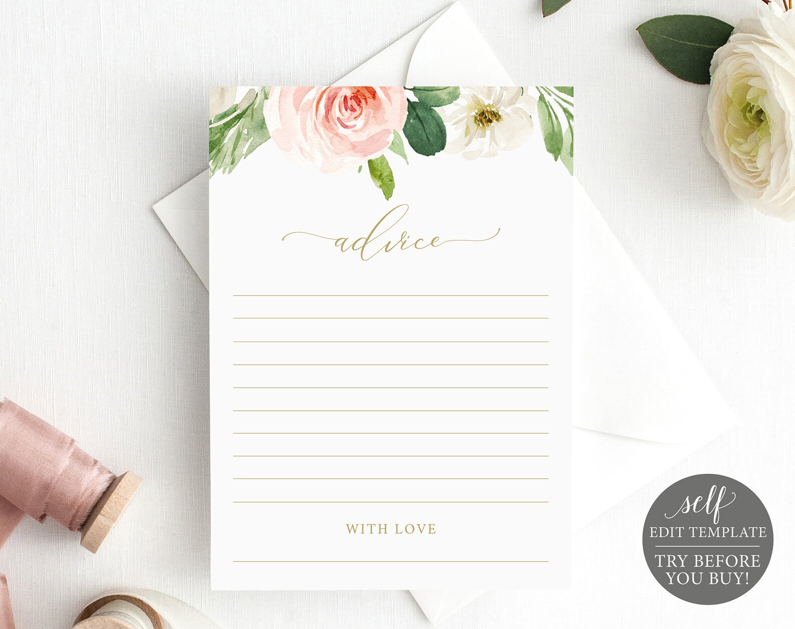 Advice Card Template Blush Floral Editable Instant Download - Etsy