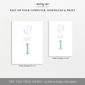 Table Number Sign Template, Light Blue Crest & Monogram, Wedding Table ...