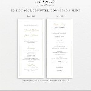 Wedding Program Template, Traditional Wedding Calligraphy in Gold, Editable, 4x9 Wedding ...