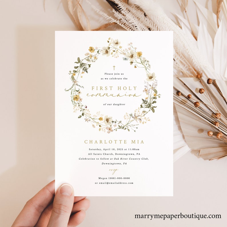First Communion Invitation Template Rustic Yellow Floral - Etsy