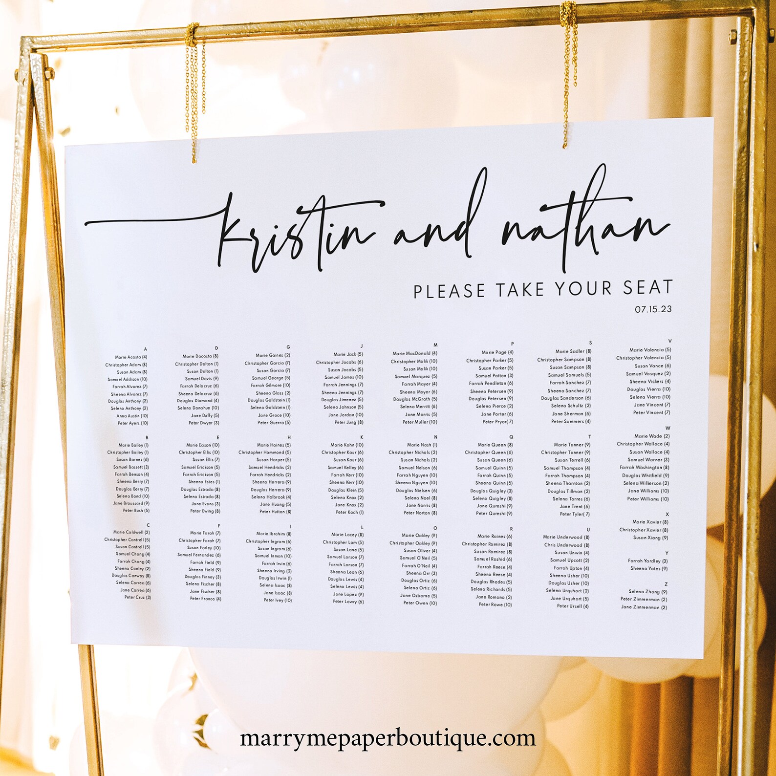 Alphabetic Wedding Seating Chart Template Modern & | Etsy