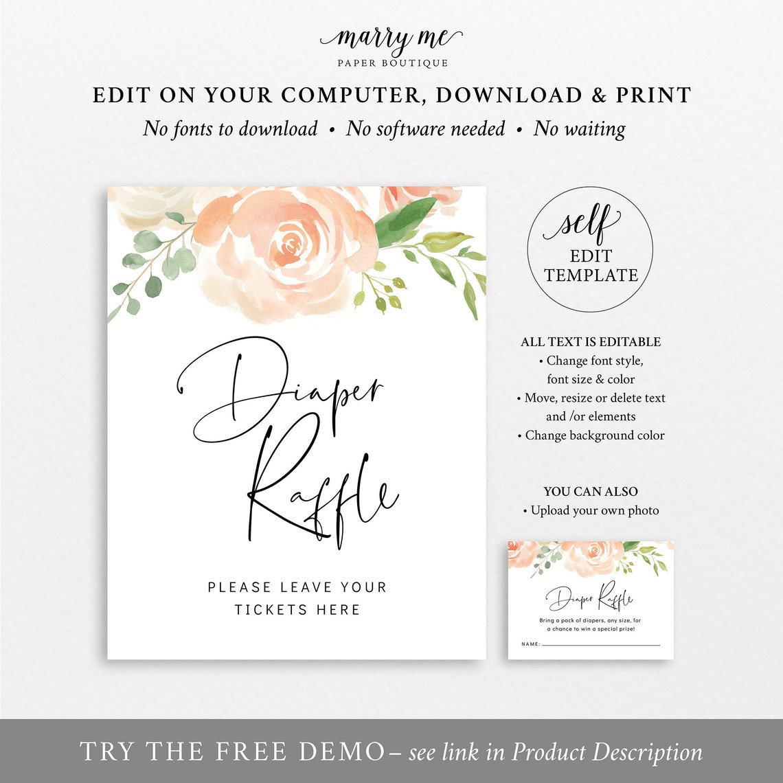 Diaper Raffle Sign & Ticket Templates Peach Floral TRY | Etsy