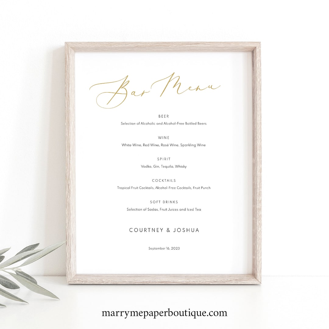 Wedding Bar Menu Template, Elegant Gold Script, Bar Menu Printable ...