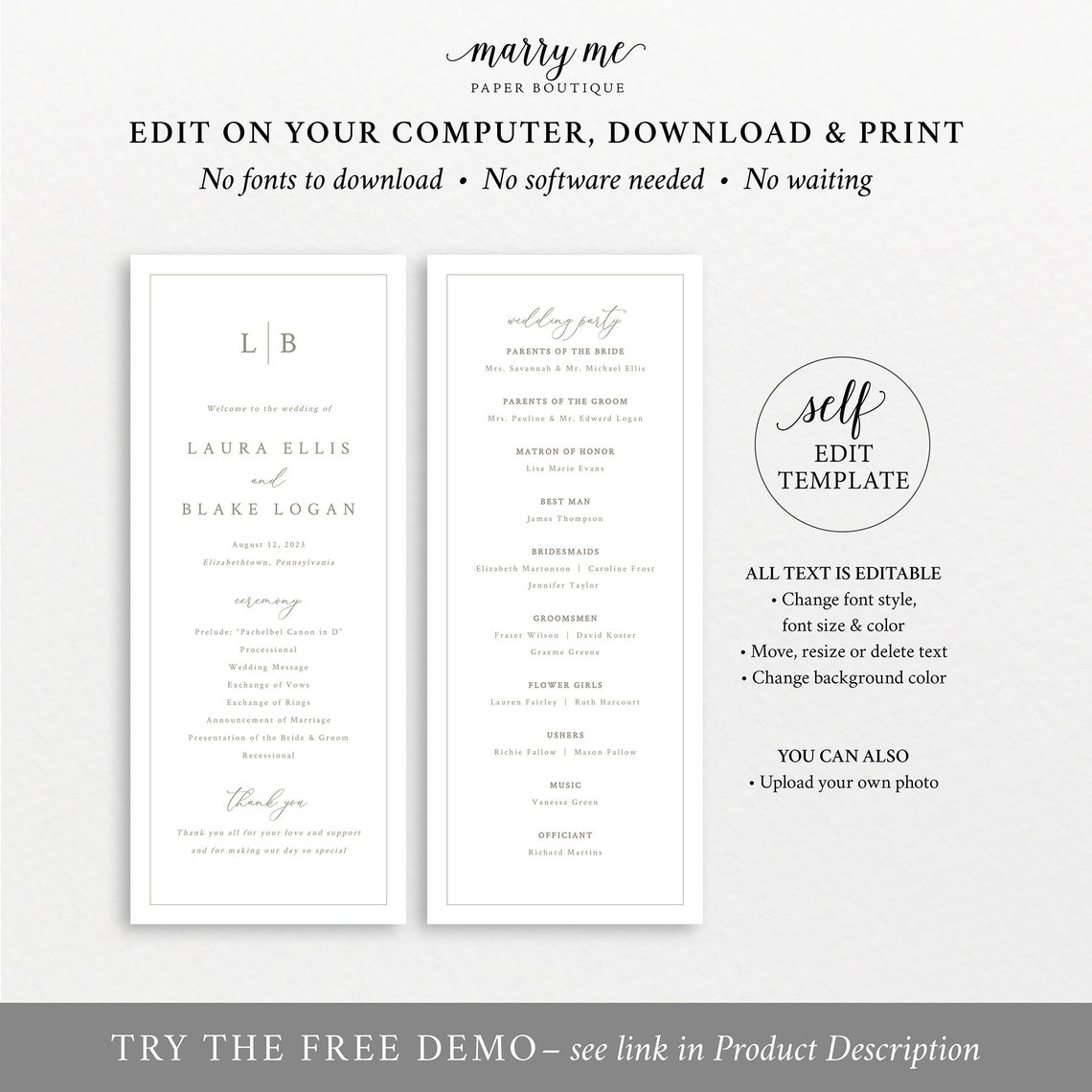 Wedding Program Template Monogram & Border Elegant Wedding | Etsy