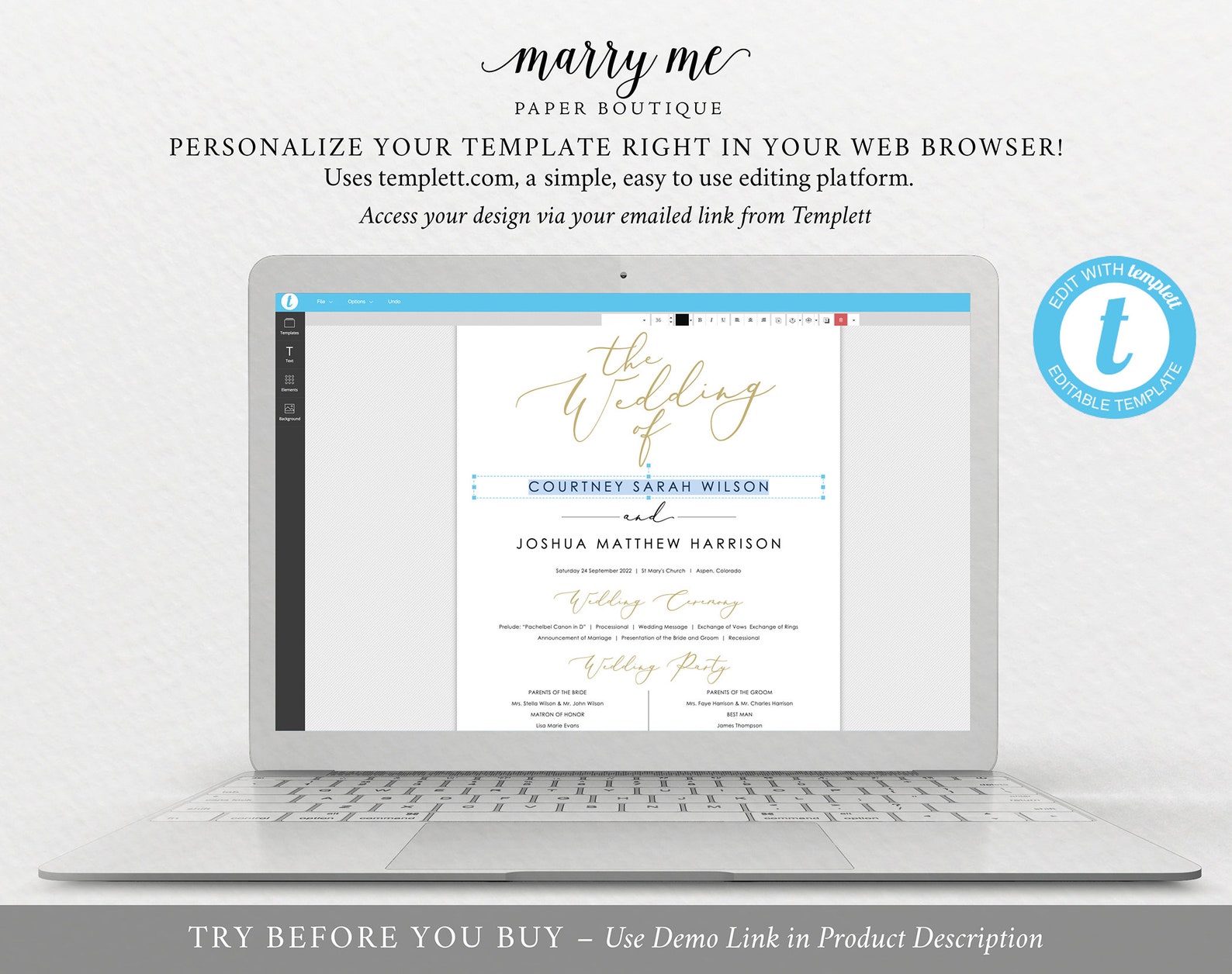 Wedding Program Sign Template Elegant Gold Demo Available | Etsy