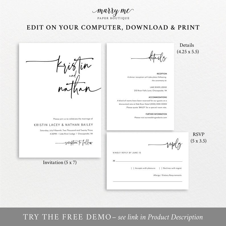 Wedding Invitation Template Set Modern Contemporary Clean | Etsy