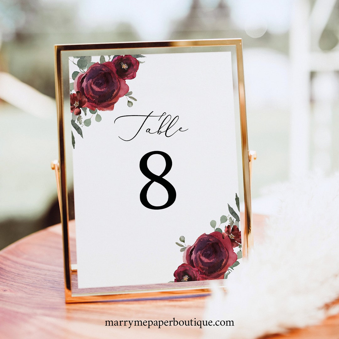 Table Number Sign Template, Elegant Burgundy Floral, Hexagonal, Wedding ...