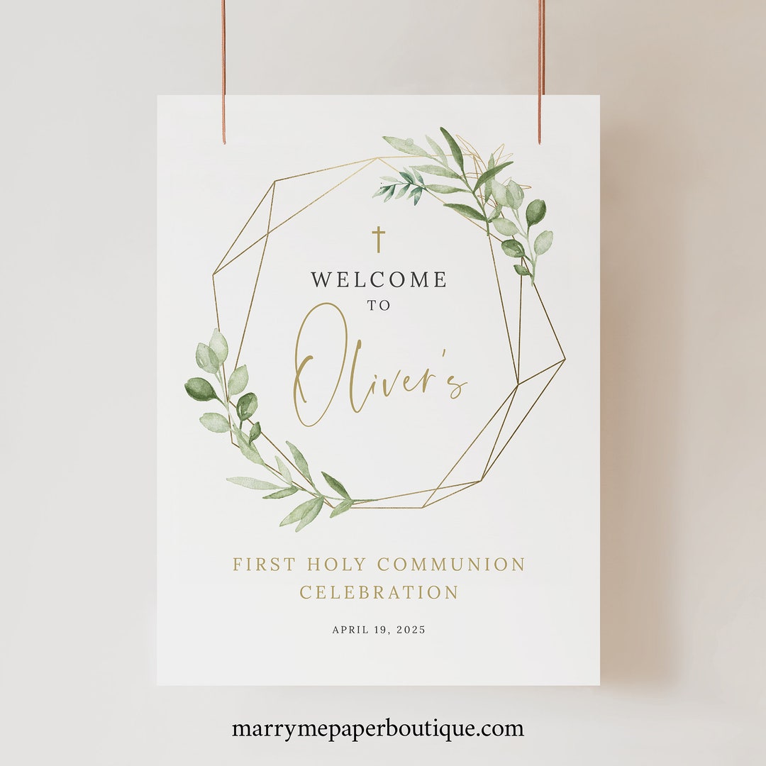 First Communion Welcome Sign Template, Greenery & Gold, Printable ...