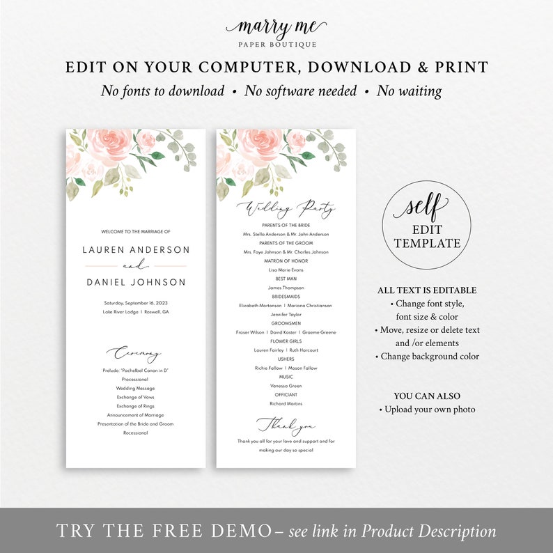 Wedding Program Template Blush Pink Floral Fully Editable - Etsy