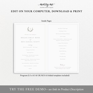 Four Page Wedding Program Template, Wreath Monogram, Folding, Editable ...