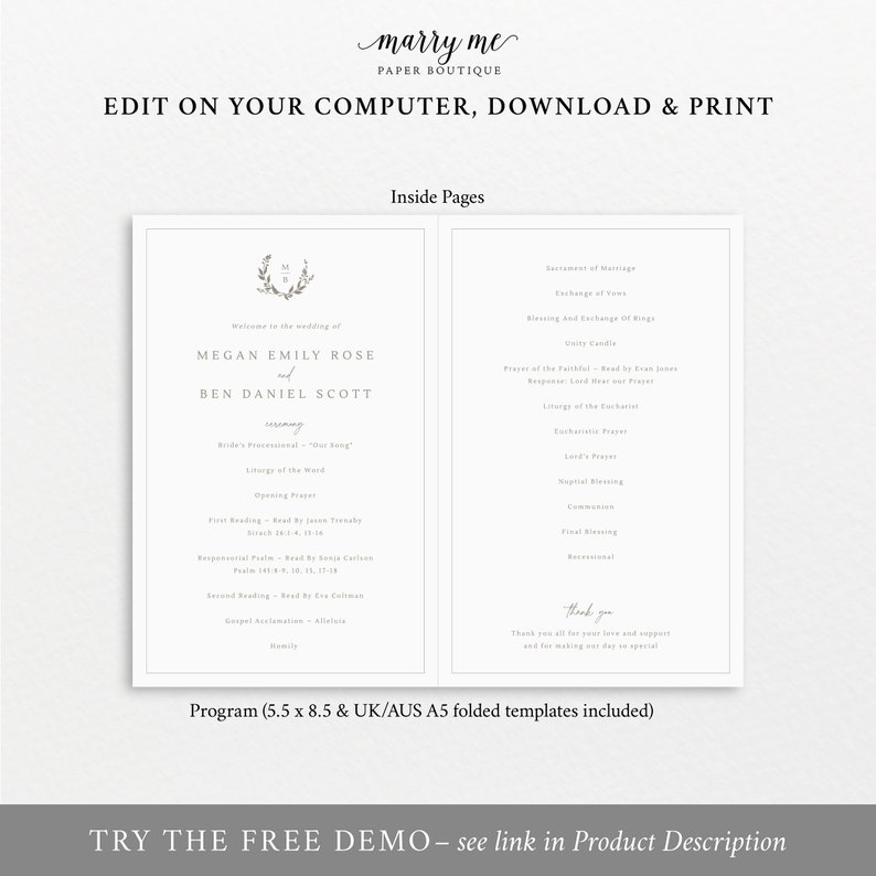 Four Page Wedding Program Template Wreath Monogram Folding - Etsy