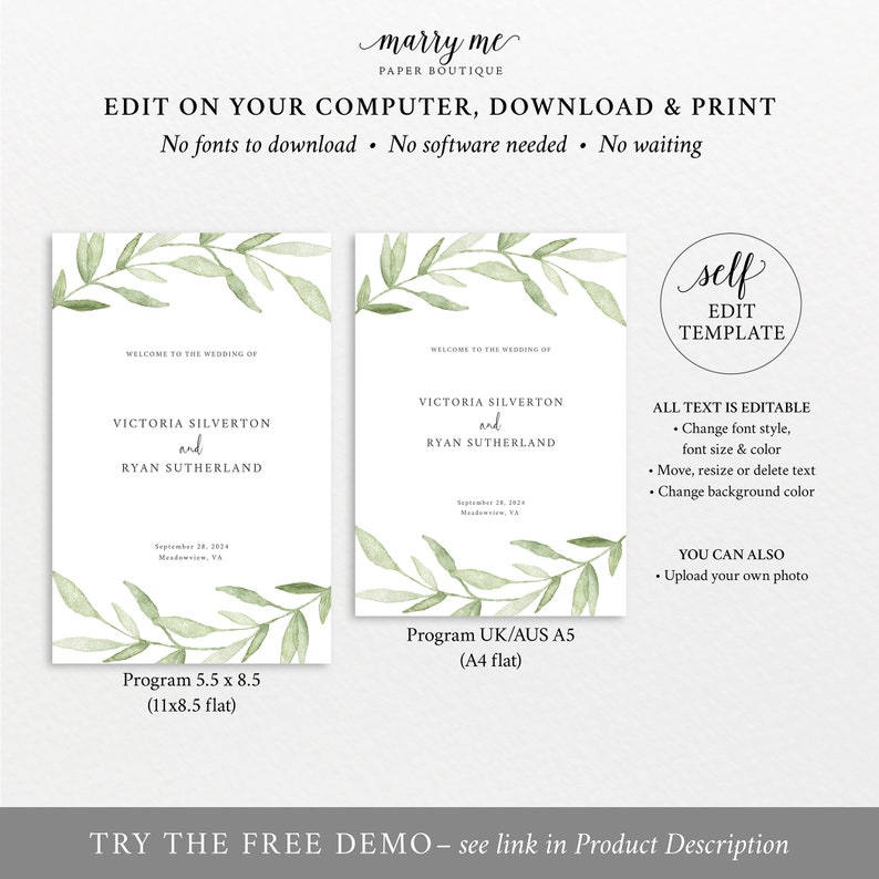 Catholic Wedding Program Template Greenery Leaves Editable - Etsy