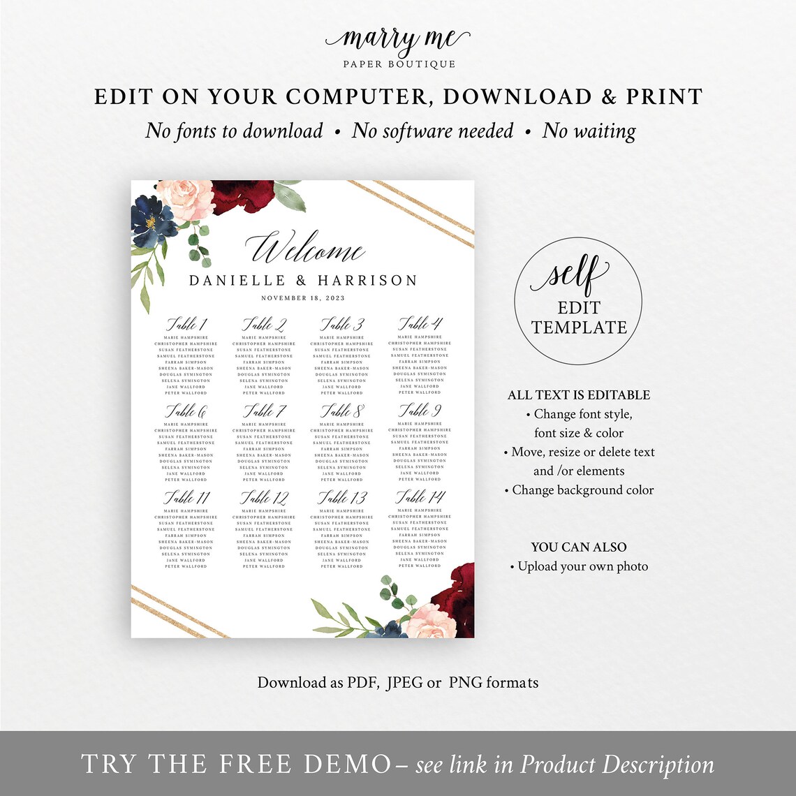 Seating Chart Template Editable & Printable Instant Download - Etsy