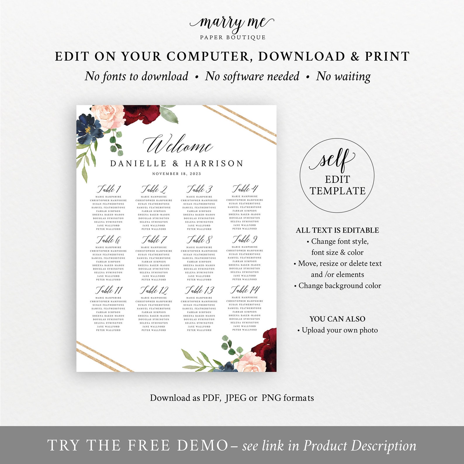 Seating Chart Template Editable & Printable Instant Download - Etsy