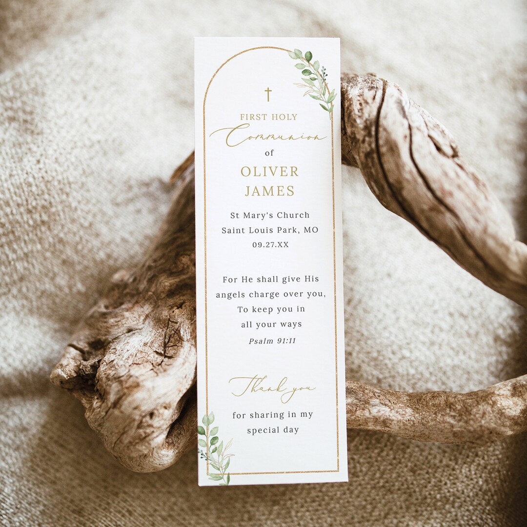 First Communion Bookmark Template, Greenery Arch, Editable Text ...