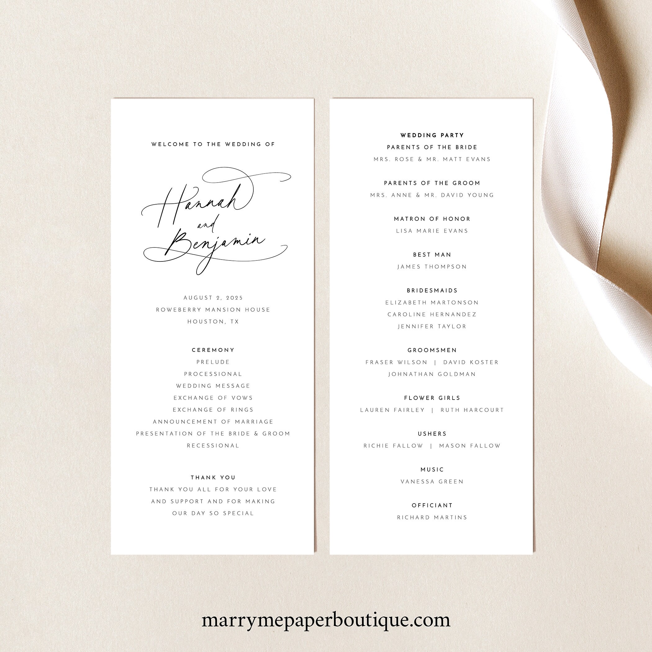 Wedding Program Template, Pretty Calligraphy, Editable, Wedding ...