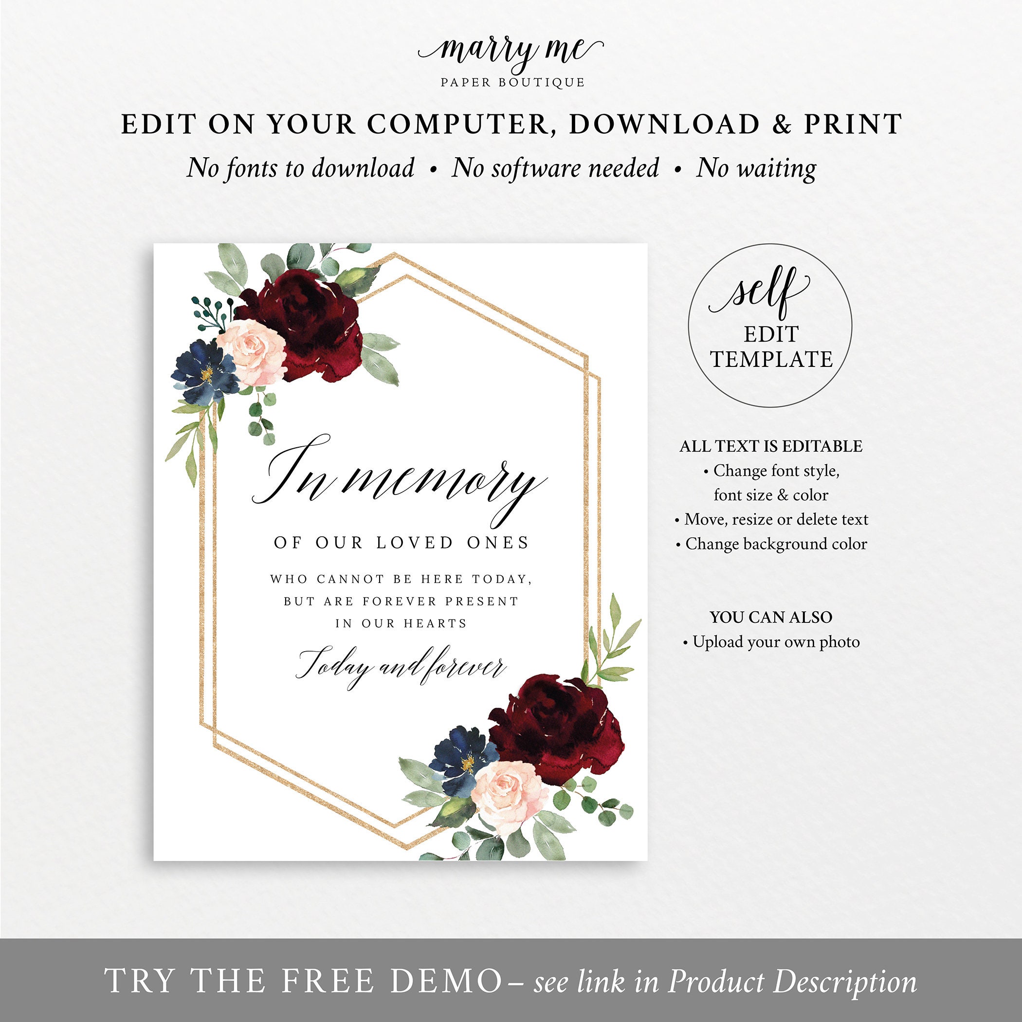 In Memory Sign Template Editable Instant Download Burgundy - Etsy UK